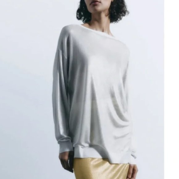 Zara | Sweaters | Nwt Zara Long Metallic Thread Knit Top Pearl Gray ...